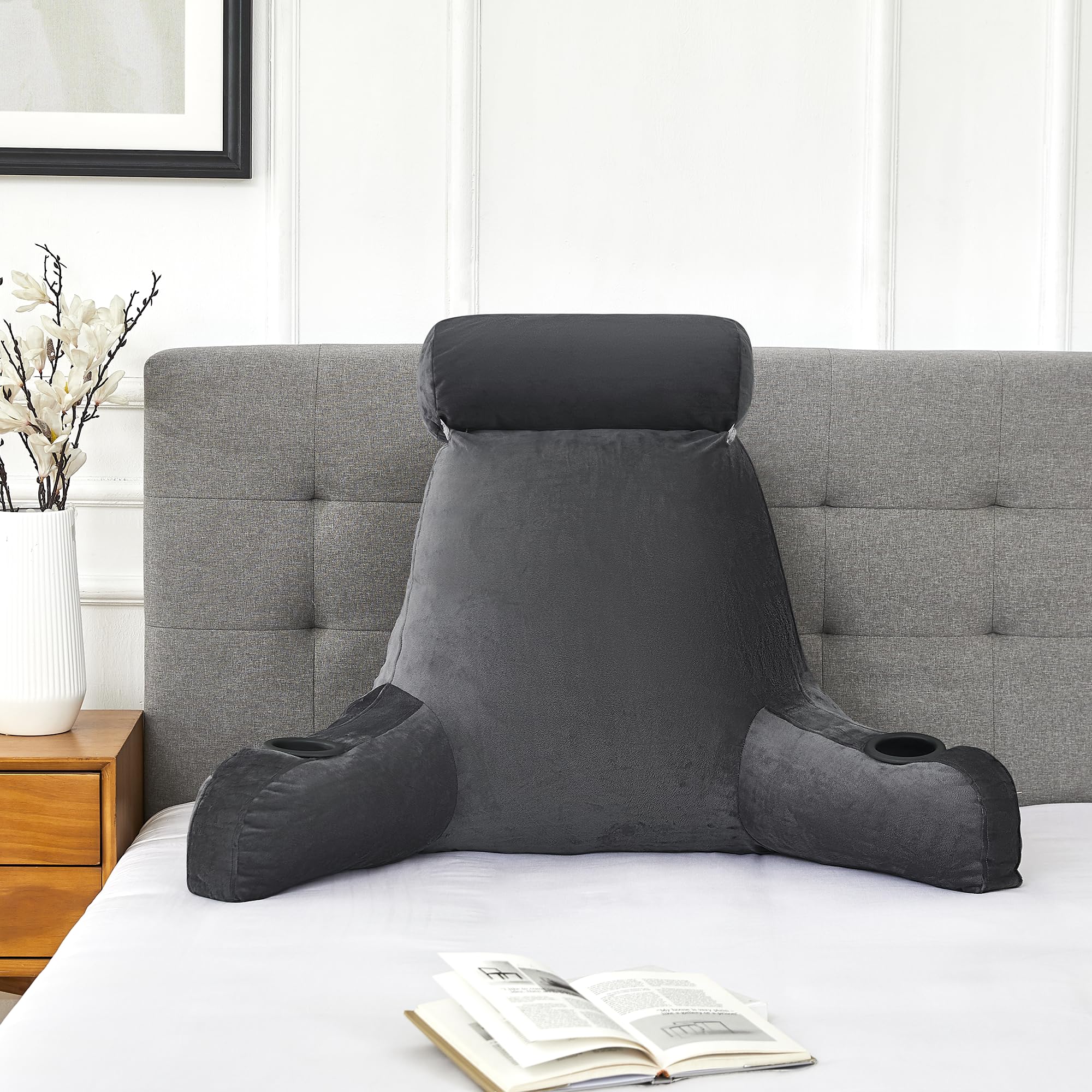 Extra Large Reading Pillow Ultimate Comfort & Support Bed Rest with Cup Holders, Storage Pockets, Detachable Neck Roll, and Removable Cover - Ideal for Relaxation, Work, and Lounging, Gray