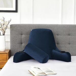 Extra Large Reading Pillow Ultimate Comfort & Support Bed Rest with Cup Holders, Storage Pockets, Detachable Neck Roll, and Removable Cover - Ideal for Relaxation, Work, and Lounging, Gray