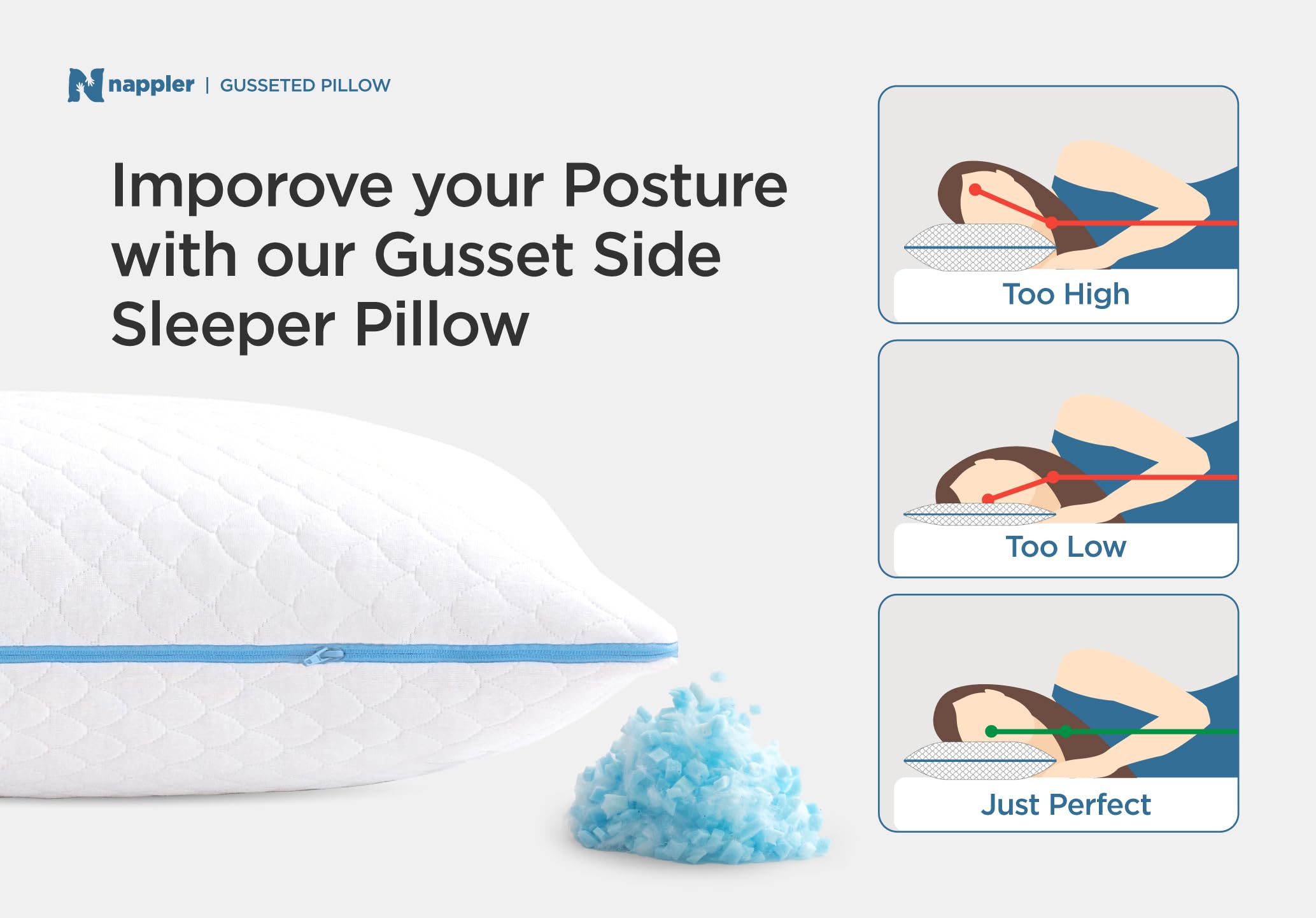 Nappler Side and Back Sleeper Pillow for Neck and Shoulder Pain Relief - Shredded Memory Foam Bed Pillow for Sleeping - 100% Adjustable Fill - Queen Size - Modal Washable Case. Extra Fill Included