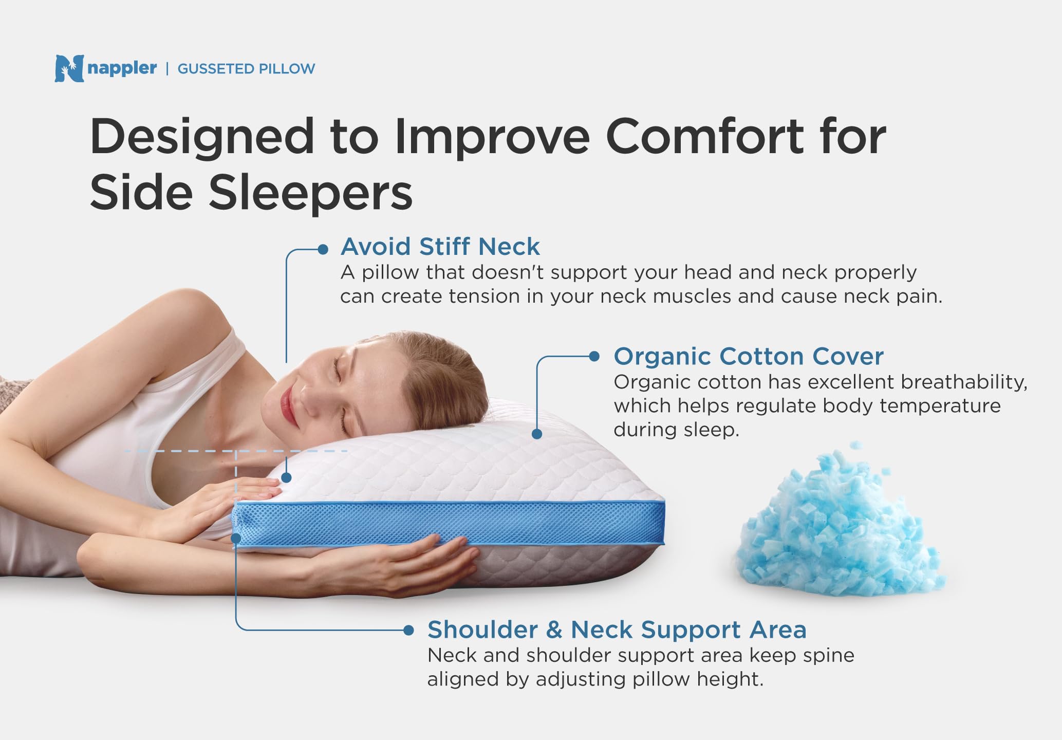 Nappler Side and Back Sleeper Pillow for Neck and Shoulder Pain Relief - Shredded Memory Foam Bed Pillow for Sleeping - 100% Adjustable Fill - Queen Size - Modal Washable Case. Extra Fill Included