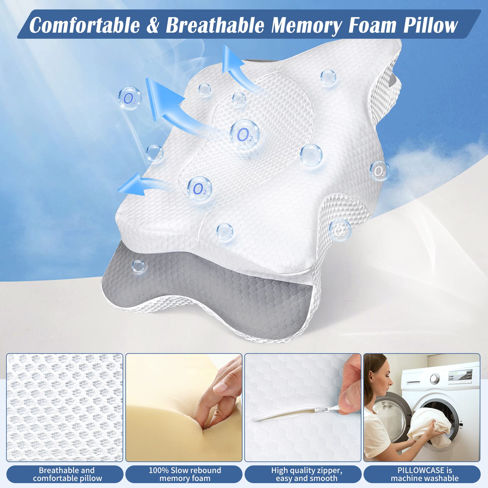 Cervical Pillow for Neck Pain Relief, Contour Memory Foam Pillows for Sleeping, Ergonomic Orthopedic Neck Support Pillow for Side, Back, Stomach Sleepers, Neck Pillow with Breathable Pillowcase, Gray