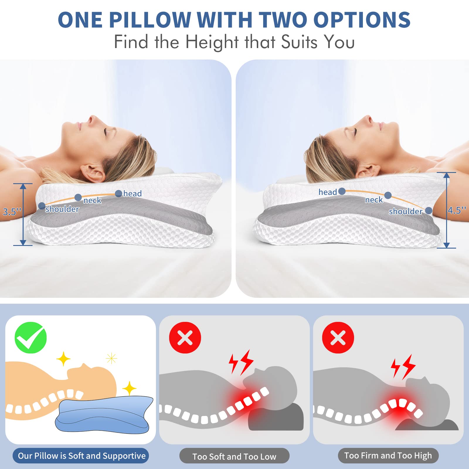 Cervical Pillow for Neck Pain Relief, Contour Memory Foam Pillows for Sleeping, Ergonomic Orthopedic Neck Support Pillow for Side, Back, Stomach Sleepers, Neck Pillow with Breathable Pillowcase, Gray