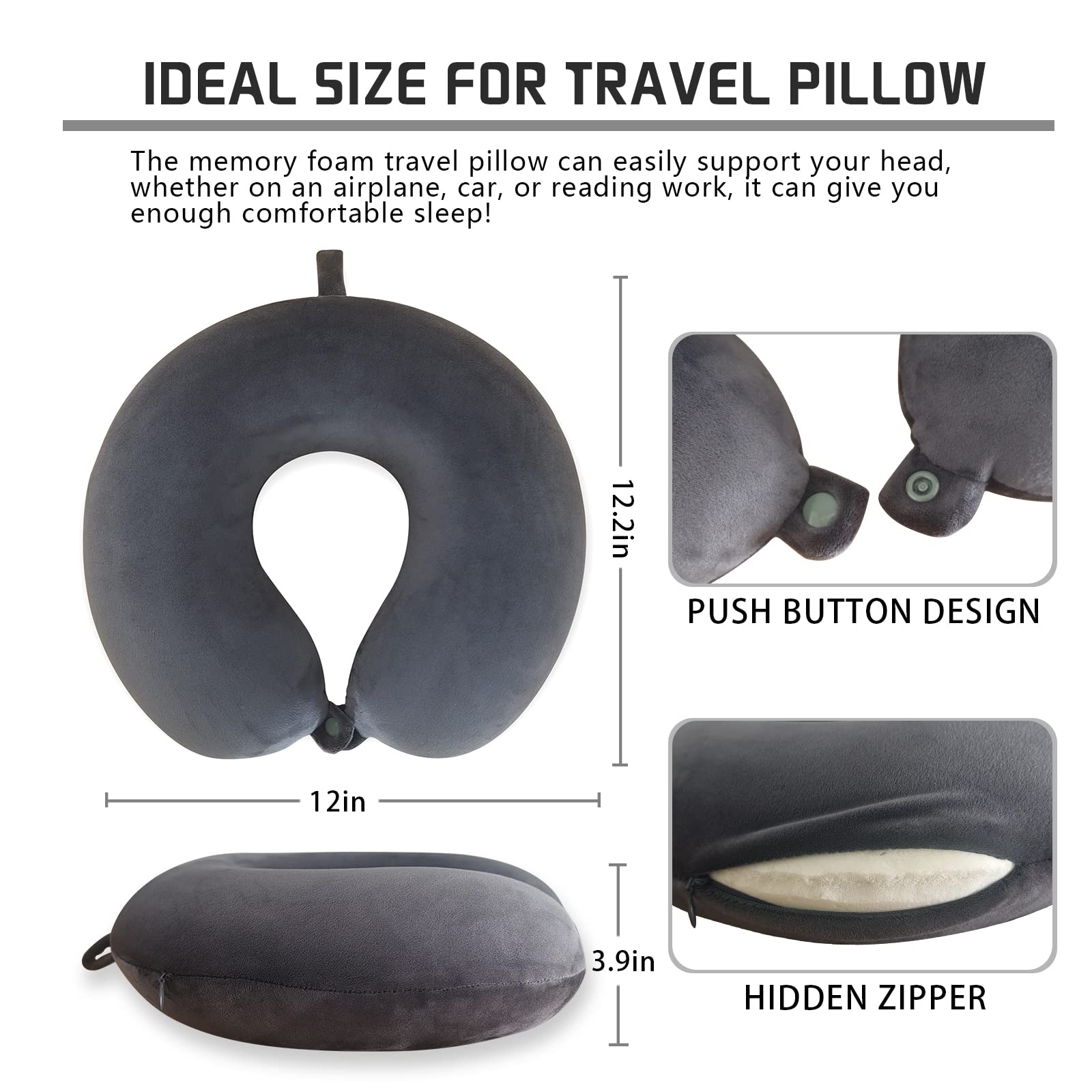 Youmeisha Comfortable Breathable Memory Foam Travel Pillow Neck Pillow Support Neck and Head Pillow Suitable for Airplane Travel Portable Neck Pillow Support Machine Washed (Dark Gray)