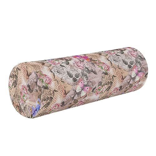 Vnurnrn Stamps Rose Flowers Butterflies Neck Support Pillow Round Neck Roll Bolster Cylinder Pillow Cervical Pillows Round Neck Pillow for Leg Knee Back Head Support for Camp Study Work Men