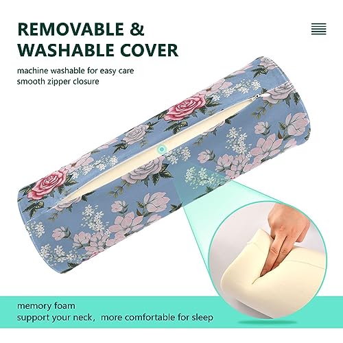 Vnurnrn Pink Rose Flowers Neck Support Pillow Round Neck Roll Bolster Cylinder Pillow Cervical Pillows Back Pillow for Leg Knee Back Head Support for Bedroom Camp Work Women Men