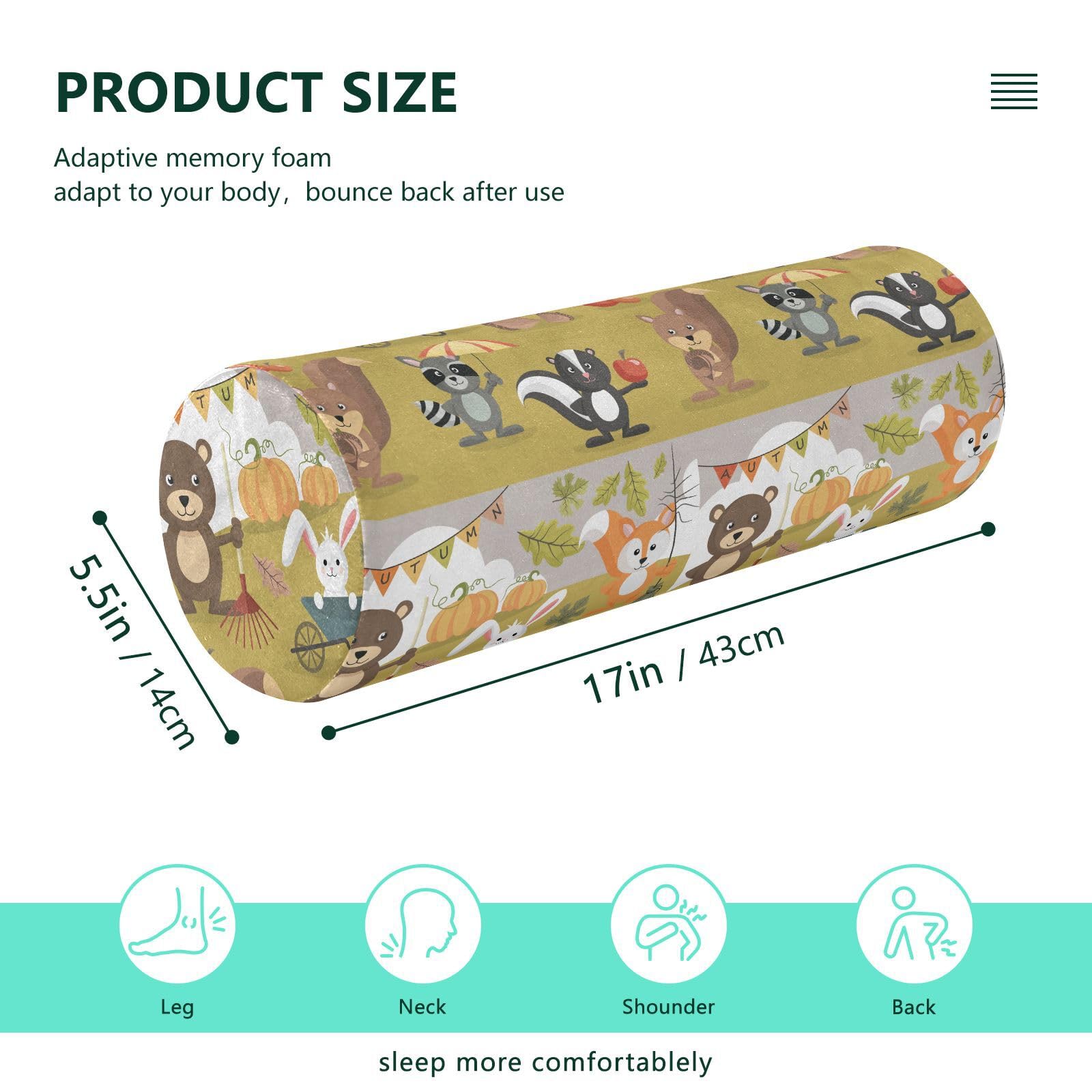 Vnurnrn Cute Animals Neck Support Pillow Round Neck Roll Bolster Cylinder Pillow Cervical Pillows Arm Pillow for Leg Knee Back Head Support for Gifts Camp Study Work