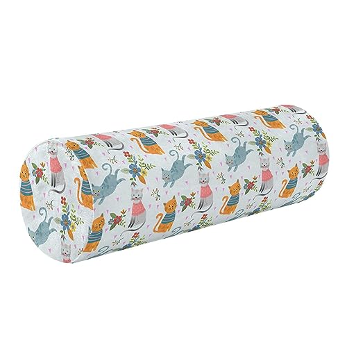 Vnurnrn Cute Cat Flowers Neck Support Pillow Round Neck Roll Bolster Cylinder Pillow Cervical Pillows Travel Pillow for Leg Knee Back Head Support for Bedroom Camp Work Women Men