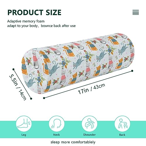 Vnurnrn Cute Cat Flowers Neck Support Pillow Round Neck Roll Bolster Cylinder Pillow Cervical Pillows Travel Pillow for Leg Knee Back Head Support for Bedroom Camp Work Women Men