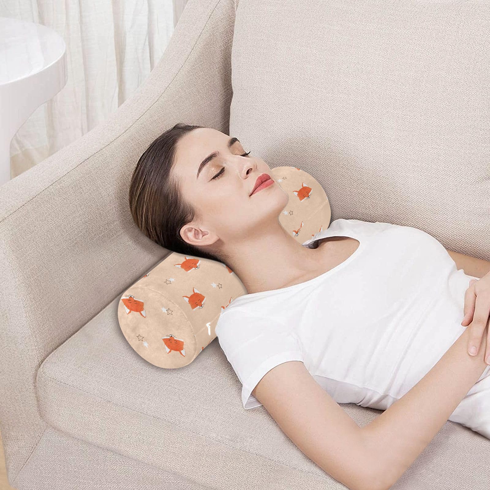 Vnurnrn Foxes Neck Support Pillow Round Neck Roll Bolster Cylinder Pillow Cervical Pillows Knee Pillow for Leg Knee Back Head Support for Bedroom Camp Work Women Men