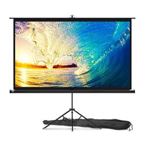 projector screen with stand 84 inch - indoor and outdoor projection screen for movie or office presentation - 16:9 hd premium wrinkle-free tripod screen for projector with carry bag and tight straps