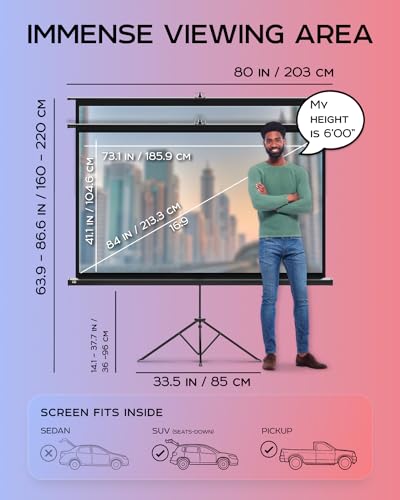 Projector Screen with Stand 84 inch - Indoor and Outdoor Projection Screen for Movie or Office Presentation - 16:9 HD Premium Wrinkle-Free Tripod Screen for Projector with Carry Bag and Tight Straps