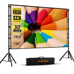 projector screen and stand,towond 100 inch projection screen outdoor indoor, portable 16:9 4k hd rear front movie screen with carry bag wrinkle-free design for home theater backyard cinema