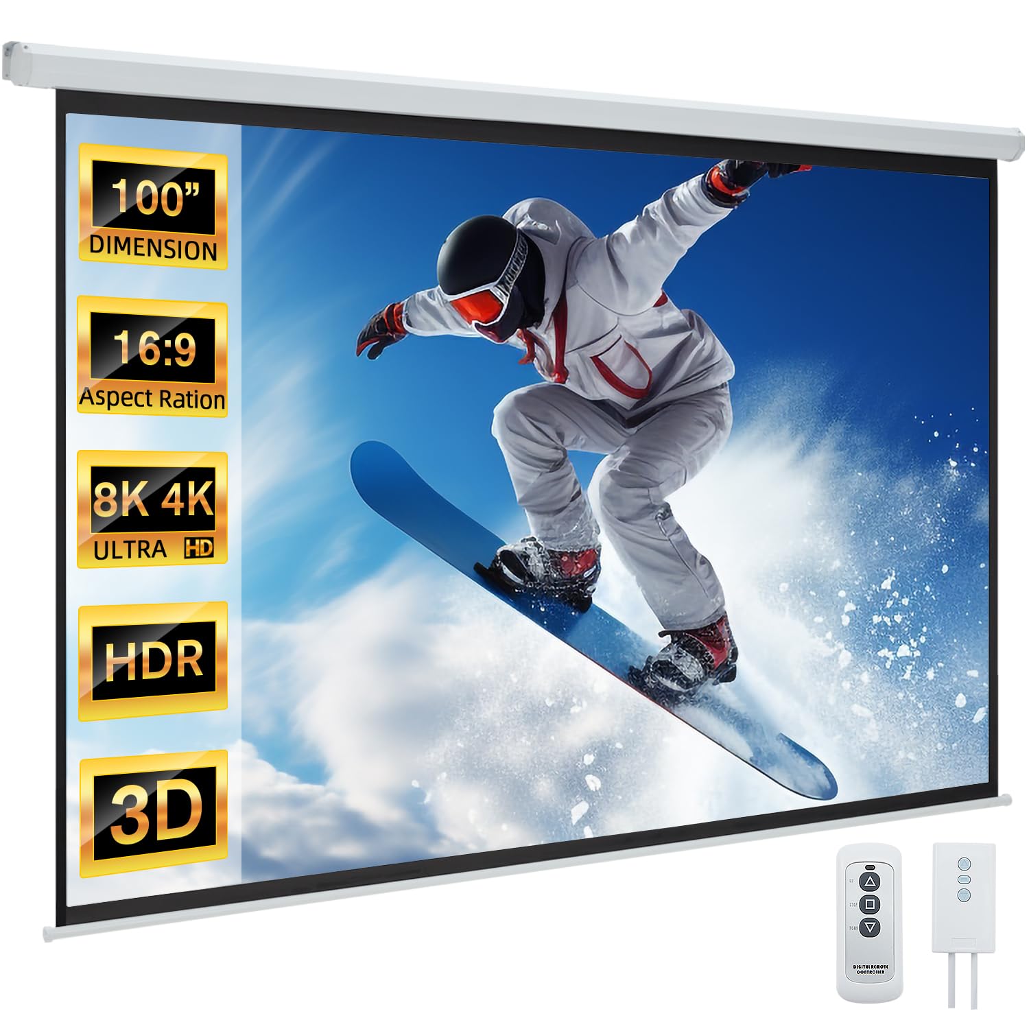 YODOLLA Projector Screen Motorized 100" 16:9, 4K 3D HD Electric Projector Screen Wall Mounted Automatic Ceiling Retractable Drop Down Projection Screen with Remote Movie Screen for Indoor Outdoor Use