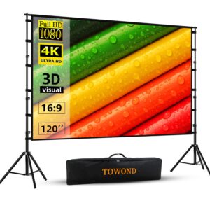 projector screen and stand, towond 120 inch portable projector screen outdoor projector screen 16:9 4k hd rear front movie screen with carry bag wrinkle-free design for home theater backyard cinema