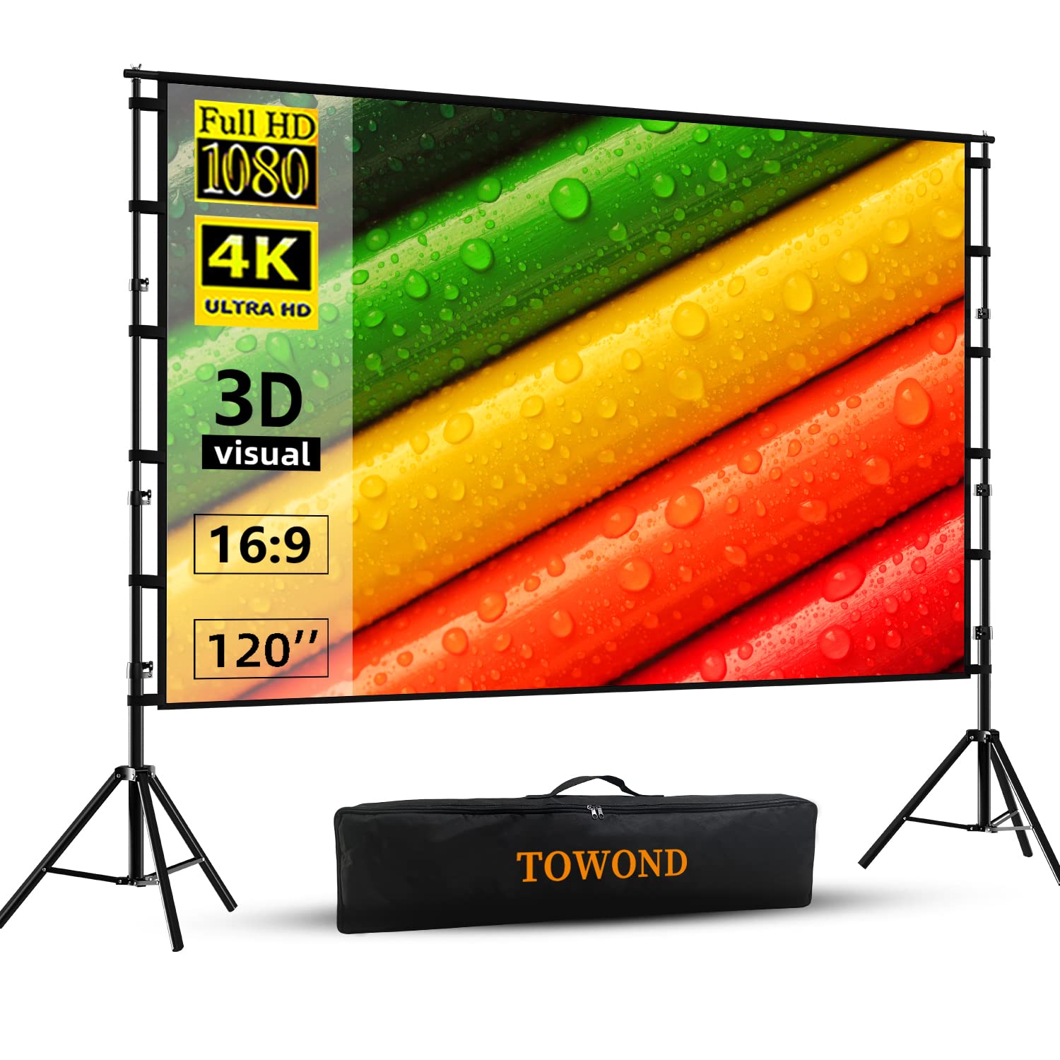 Projector Screen and Stand, Towond 120 inch Portable Projector Screen Outdoor Projector Screen 16:9 4K HD Rear Front Movie Screen with Carry Bag Wrinkle-Free Design for Home Theater Backyard Cinema