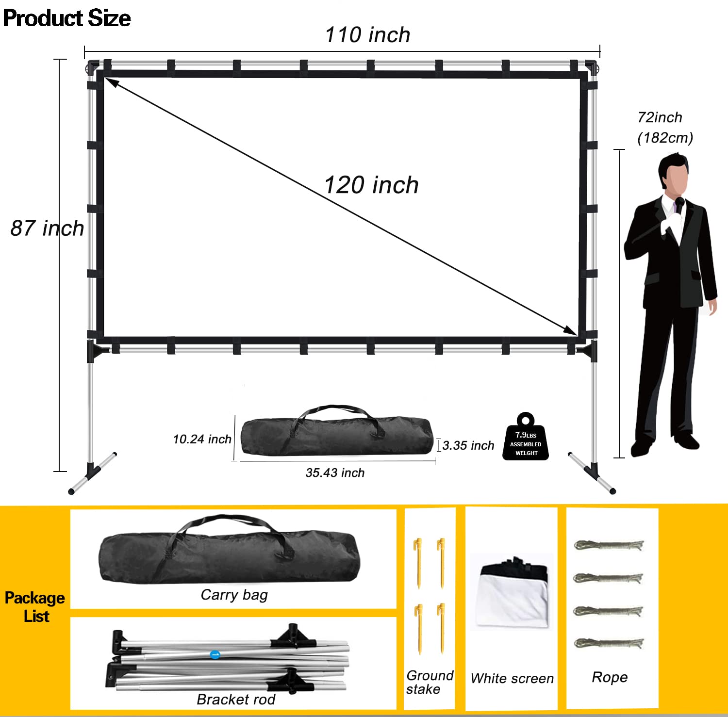 AZXRHWYGS Projector Screen with Stand 120 inch Outdoor Indoor Projector Screen 16:9 4K HD Portable Rear Front Projection Movie Screen with Carry Bag for Home Theater Backyard Movie Night