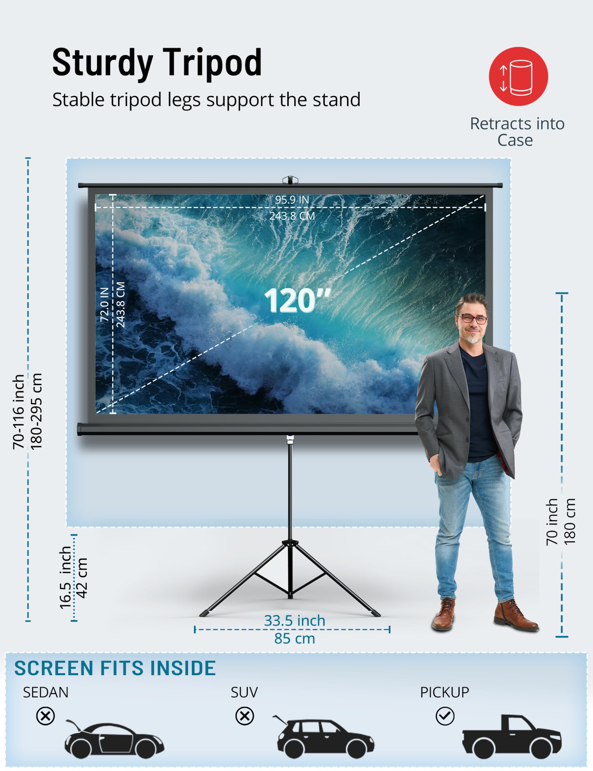 HYZ Projector Screen 120 inch 4K HD with Wrinkle-Free Design & 120 inch Portable Indoor Outdoor Projection Screen 16:9 4K HD Wrinkle-Free Foldable Movie Screen