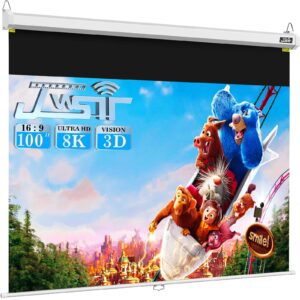 projector screen pull down, jwsit 100 inch manual pull down projector screen-upgraded 3 layers pvc 16:9 auto-locking retractable projector screen for movie home theater cinema office video game