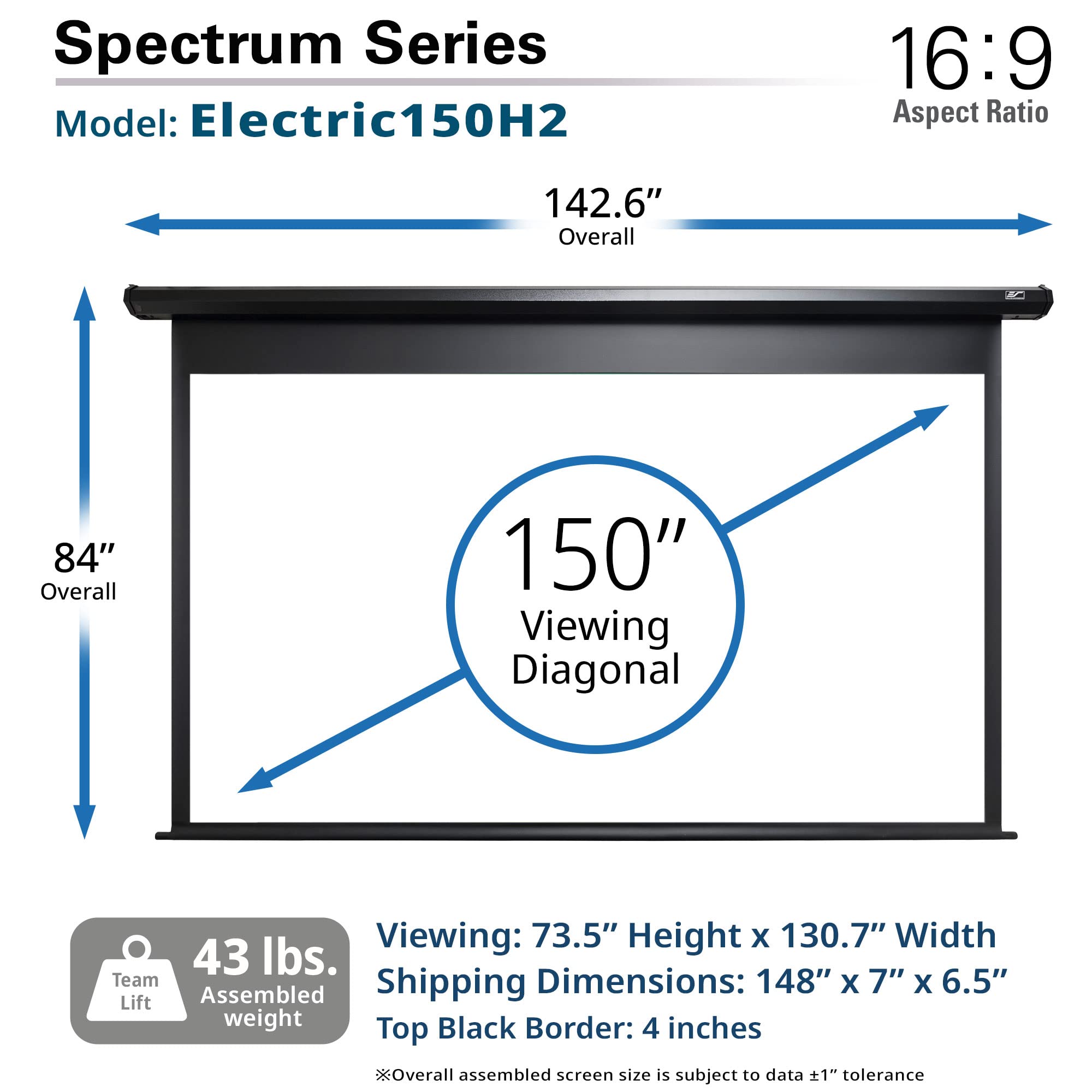 Projector Screen Elite Screens Spectrum, 150-INCH Diag 16:9, Motorized Projection Screen Movie Home Theater 4K/8K Ultra HD Ready, ELECTRIC150H2