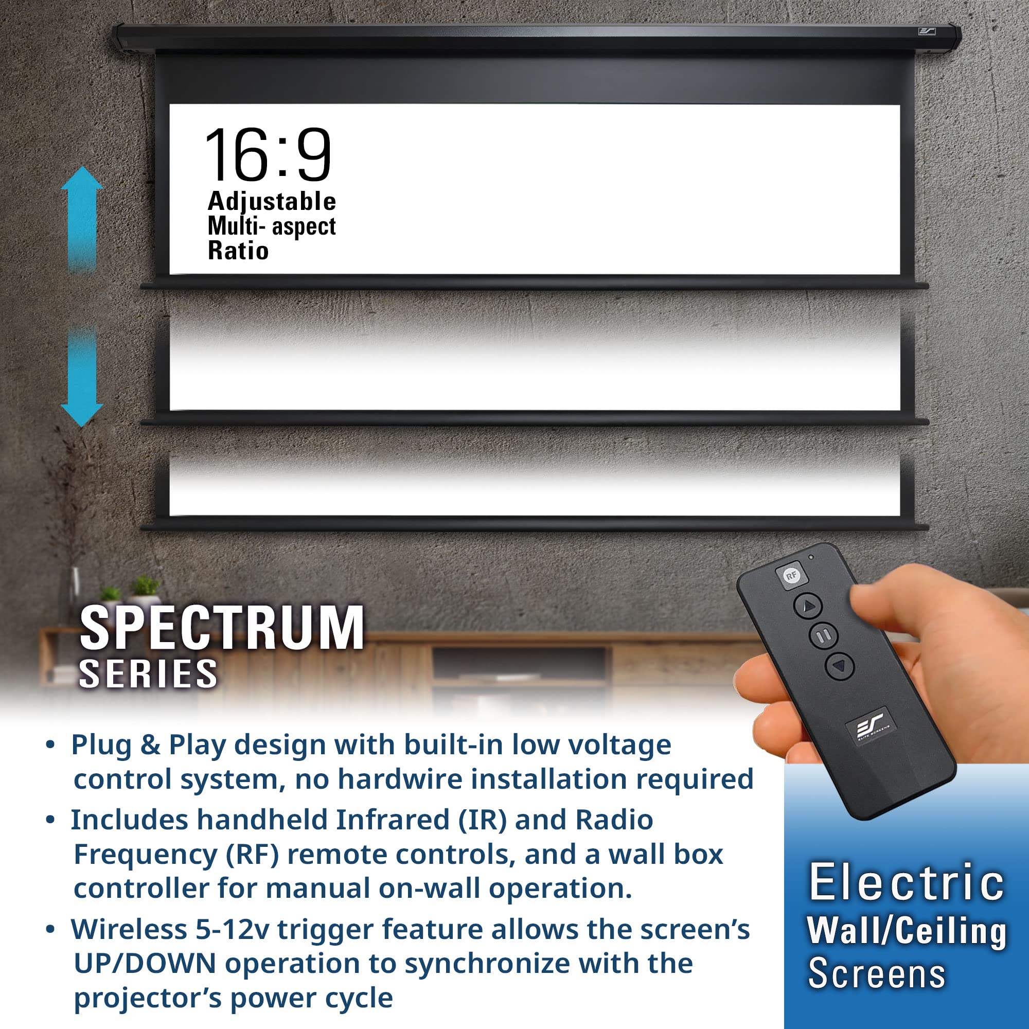 Projector Screen Elite Screens Spectrum, 150-INCH Diag 16:9, Motorized Projection Screen Movie Home Theater 4K/8K Ultra HD Ready, ELECTRIC150H2