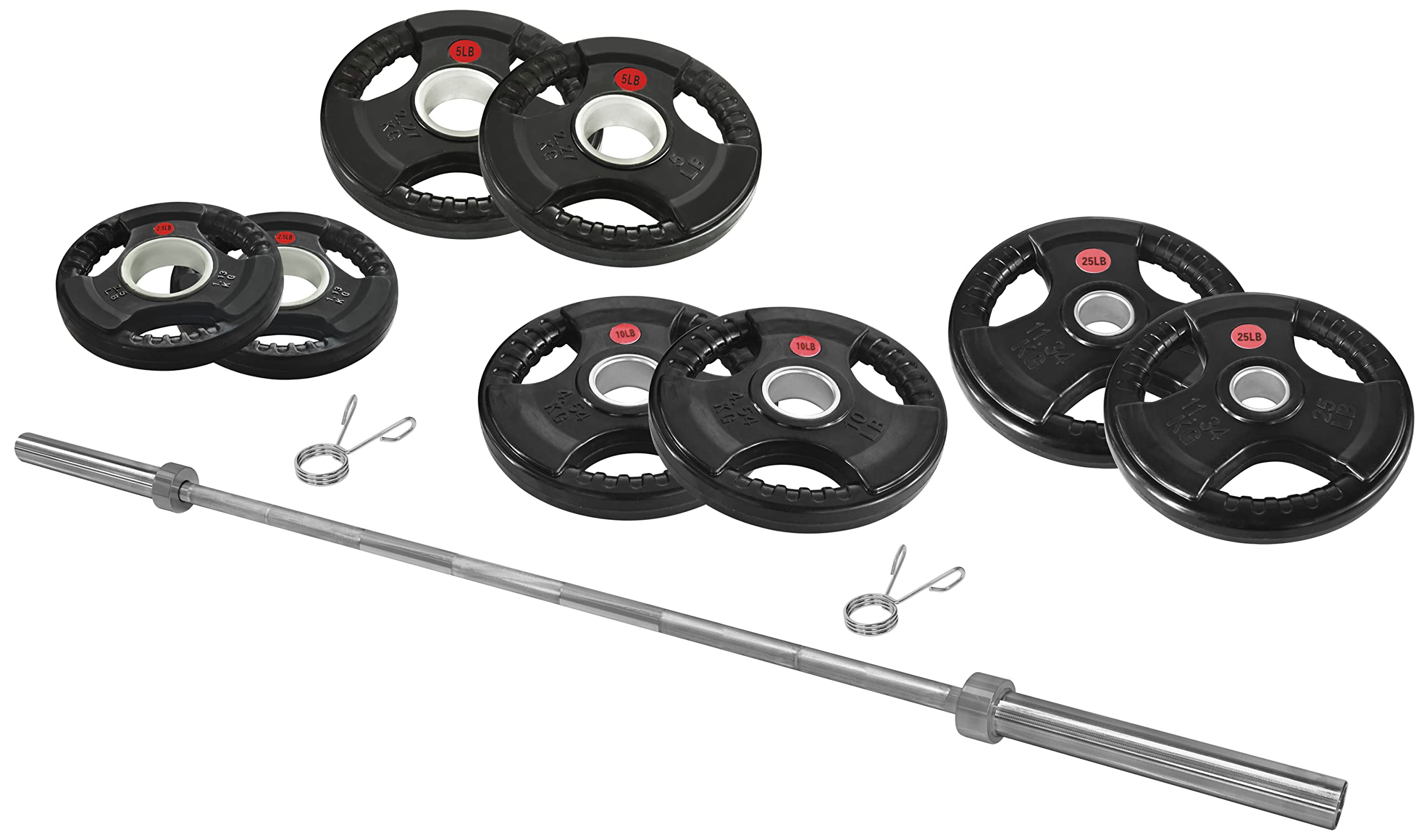 Signature Fitness Cast Iron Olympic 2-Inch Weight Plates Including 7FT Olympic Barbell, 130-Pound Set (85 Pounds Plates + 45 Pounds Barbell), Multiple Packages, Rubber Coated Style