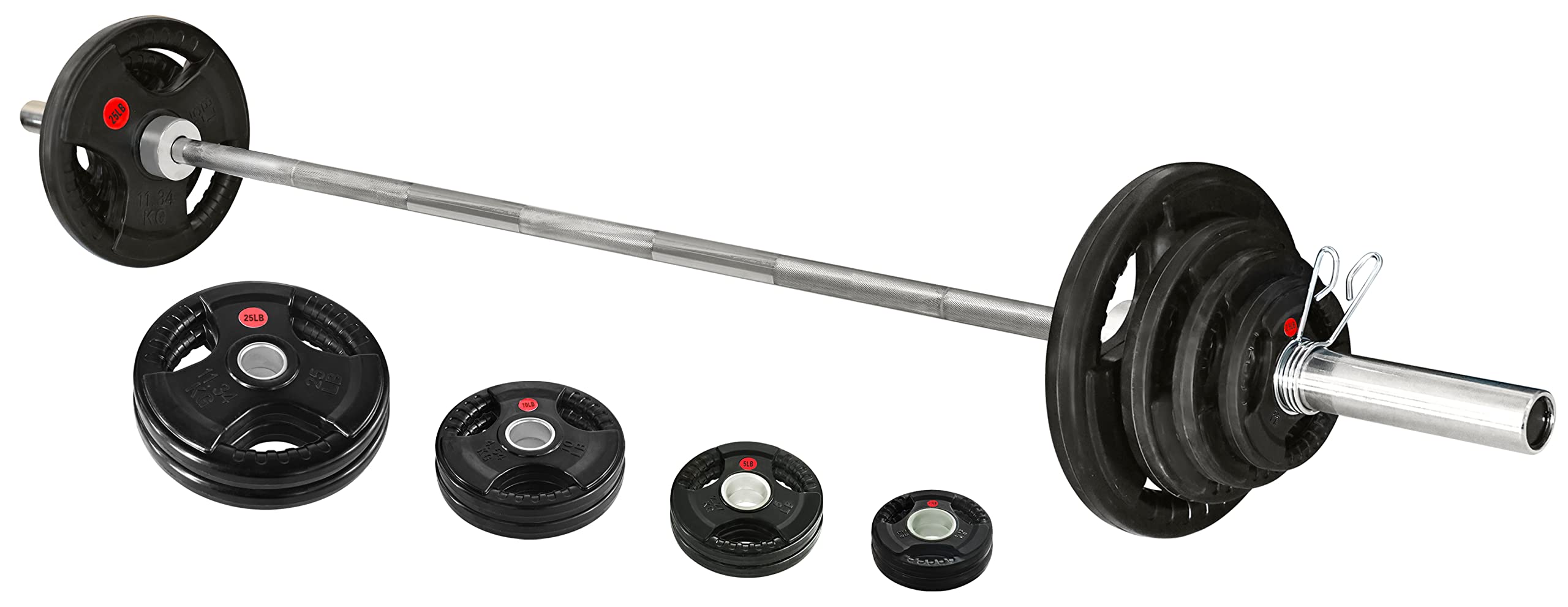 Signature Fitness Cast Iron Olympic 2-Inch Weight Plates Including 7FT Olympic Barbell, 130-Pound Set (85 Pounds Plates + 45 Pounds Barbell), Multiple Packages, Rubber Coated Style