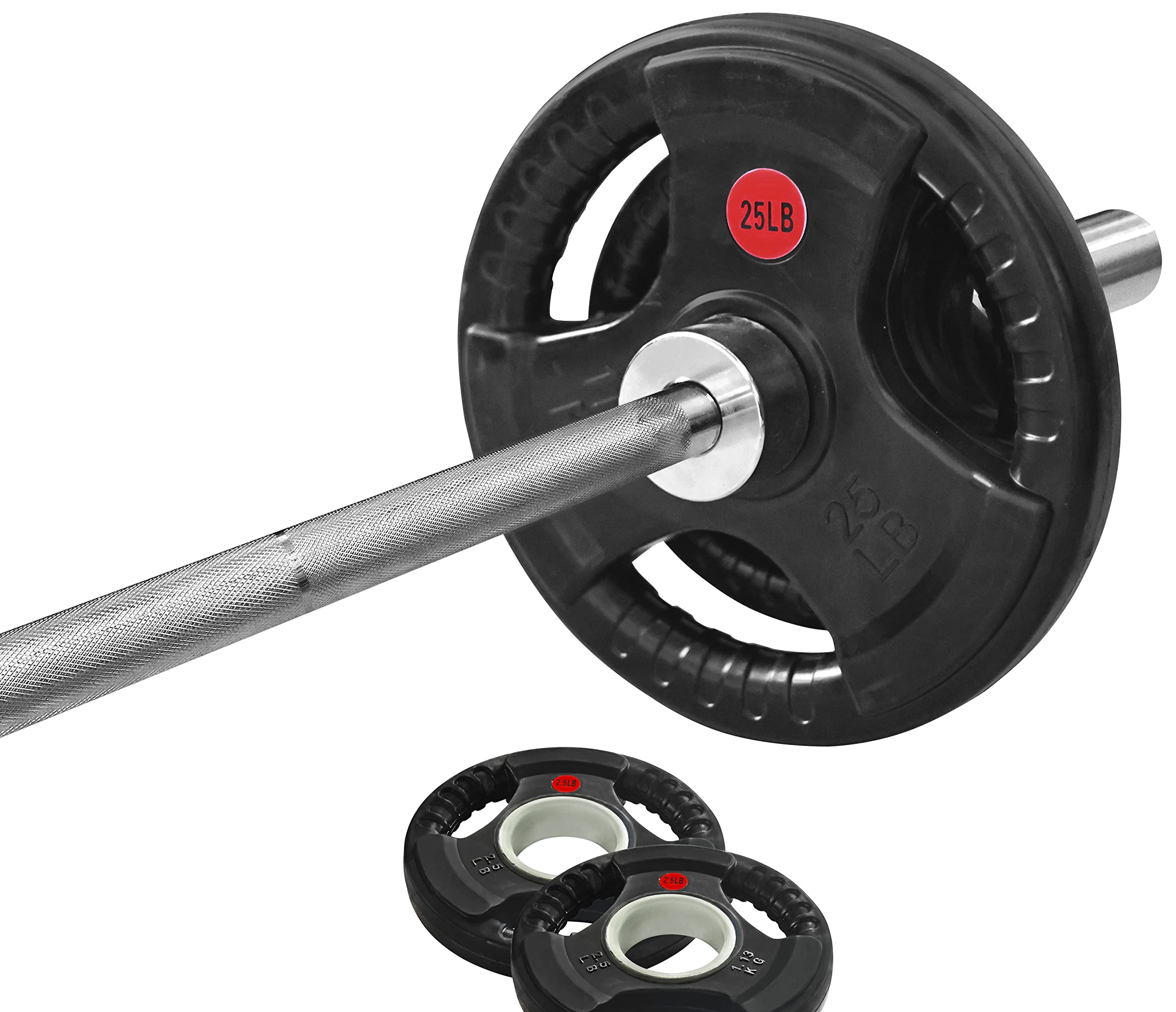 Signature Fitness Cast Iron Olympic 2-Inch Weight Plates Including 7FT Olympic Barbell, 130-Pound Set (85 Pounds Plates + 45 Pounds Barbell), Multiple Packages, Rubber Coated Style