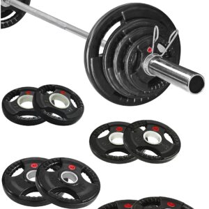 Signature Fitness Cast Iron Olympic 2-Inch Weight Plates Including 7FT Olympic Barbell, 130-Pound Set (85 Pounds Plates + 45 Pounds Barbell), Multiple Packages, Rubber Coated Style