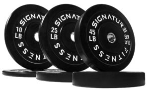 signature fitness 2" olympic bumper plate weight plates with steel hub, 160lb set (2x 10/25/45lb), black