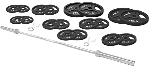 Signature Fitness Cast Iron Olympic 2-Inch Weight Plates Including 7FT Olympic Barbell, 325-Pound Set (280 Pounds Plates + 45 Pounds Barbell), Multiple Packages, Style #7