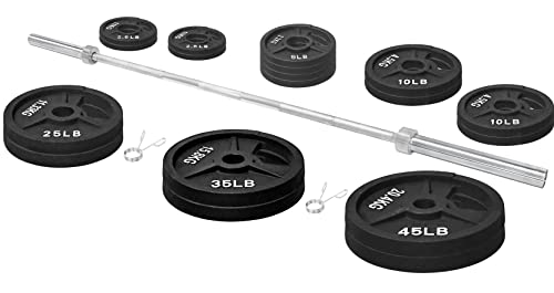 Signature Fitness Cast Iron Olympic 2-Inch Weight Plates Including 7FT Olympic Barbell, 325-Pound Set (280 Pounds Plates + 45 Pounds Barbell), Multiple Packages, Style #7