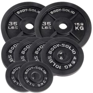 body-solid (osb120) cast iron olympic weight plate set with bar - free weights, dumbbell plates, 2 inch standard hole for all barbell types, 120 pound total weight sets, black