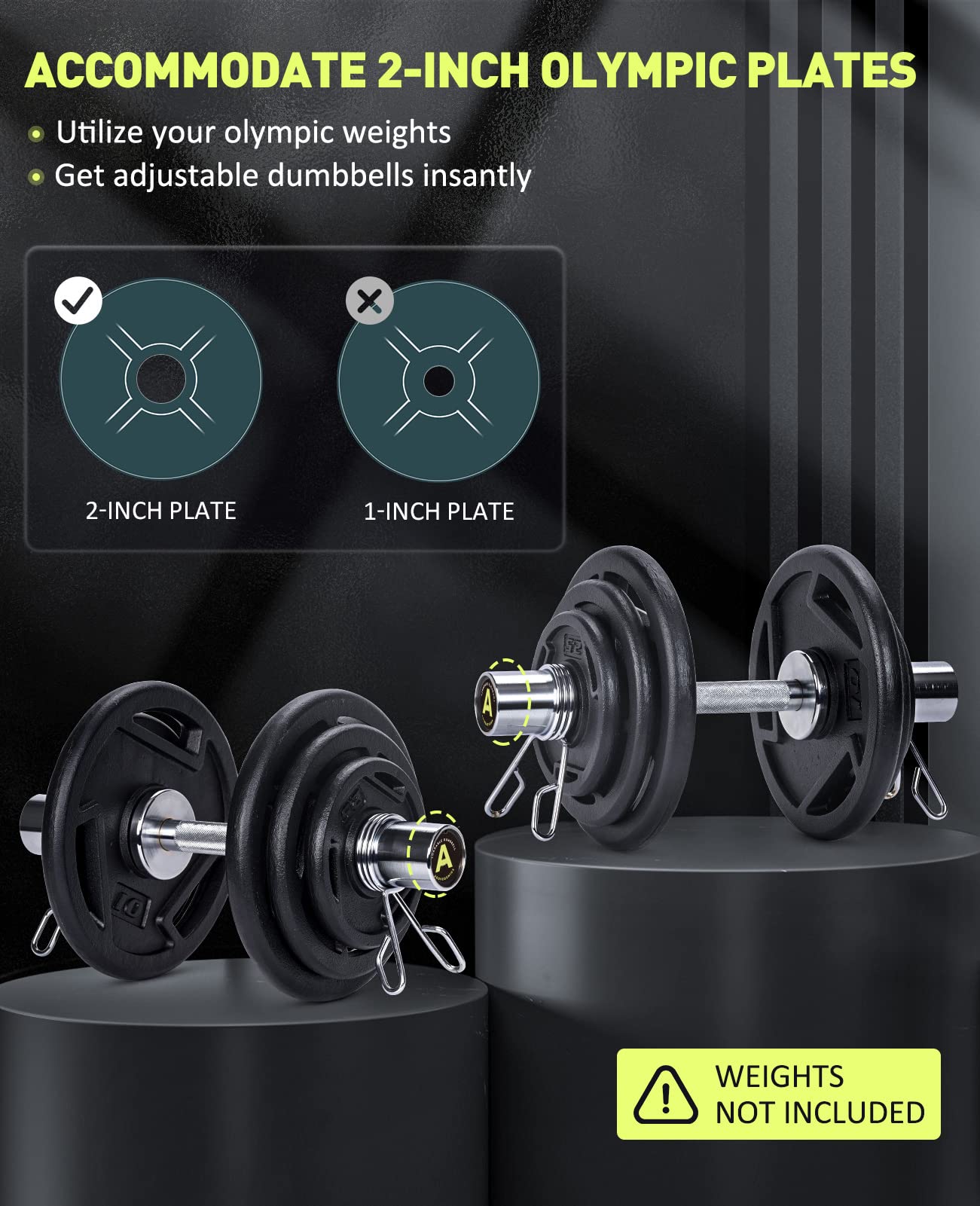 AboveGenius Pair of 16" Olympic Dumbbell Handles Loadable Dumbbell Bars for 2-inch Olympic Weight Plates Ideal for Home Gym Strength Training, 2 Pair of Spring Collars Included