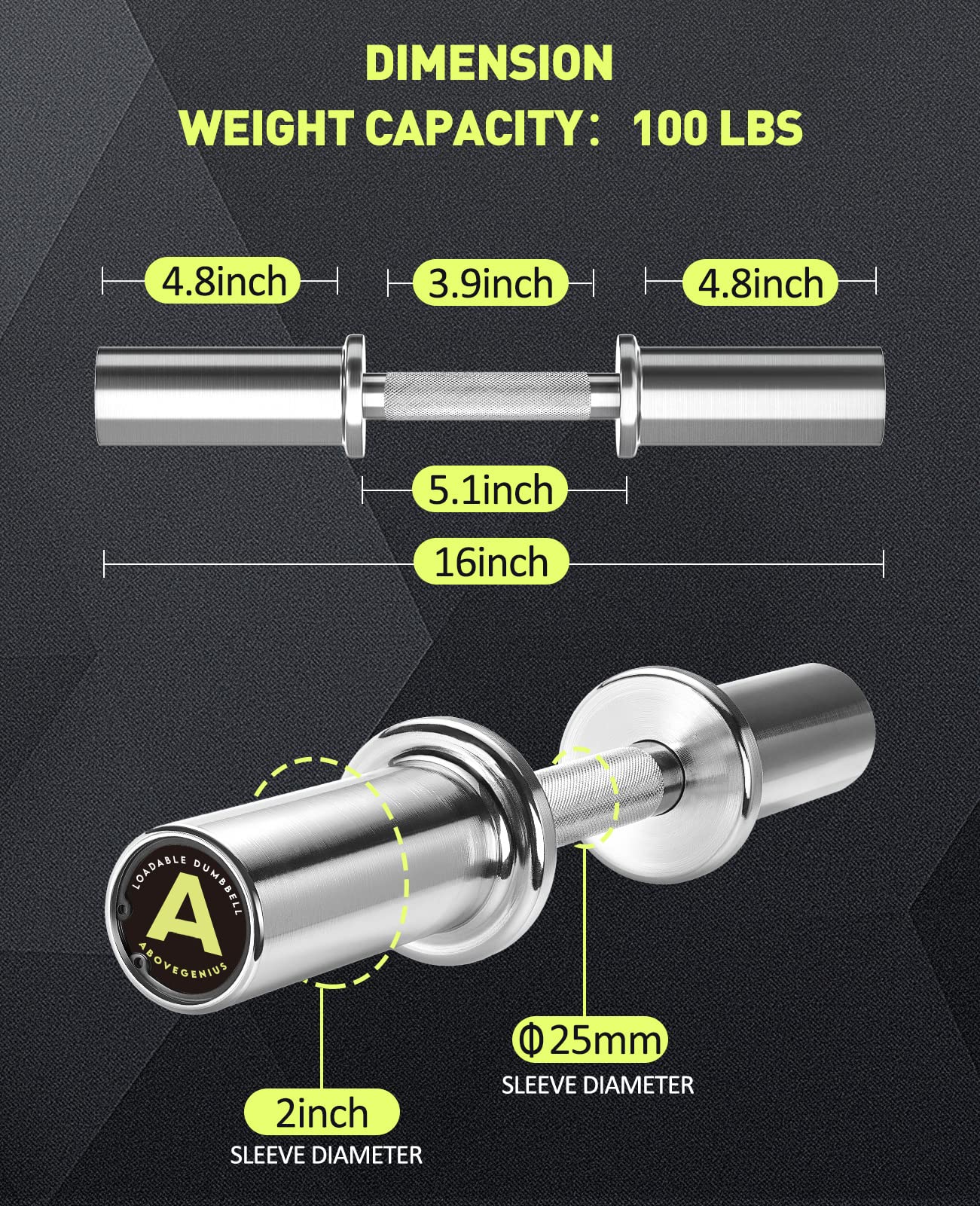 AboveGenius Pair of 16" Olympic Dumbbell Handles Loadable Dumbbell Bars for 2-inch Olympic Weight Plates Ideal for Home Gym Strength Training, 2 Pair of Spring Collars Included