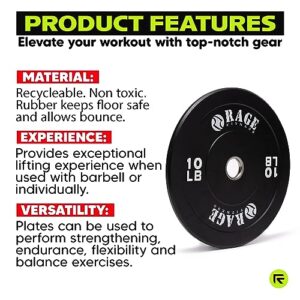 Rage Fitness 10lb Olympic Bumper Plates, 17.5" X 1" Rubber Weight Plate With 2" Steel Insert Sleeve, Minimal Bounce Perfect For Powerlifting, Squats, Bench Press, Weight & Strength Training(Black)