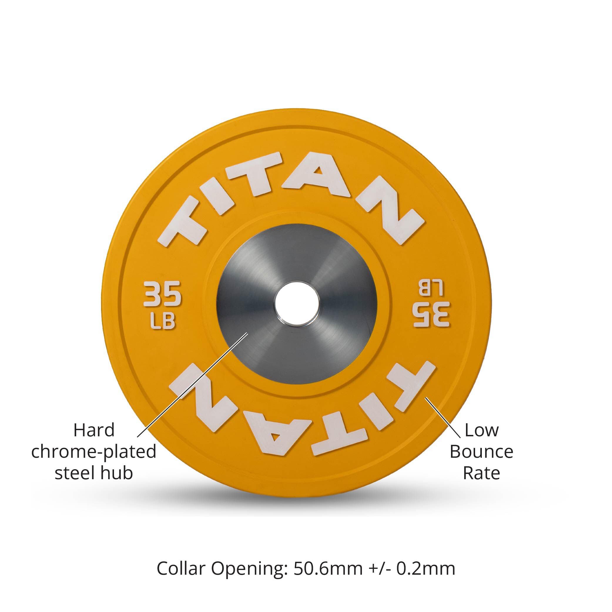 Titan Fitness 35 LB Yellow Elite Olympic Bumper Plate, Competition Weight Plates, Rubber with Steel Hub Insert, Sold Individually, For Olympic Weightlifting and Cross-Training Workouts