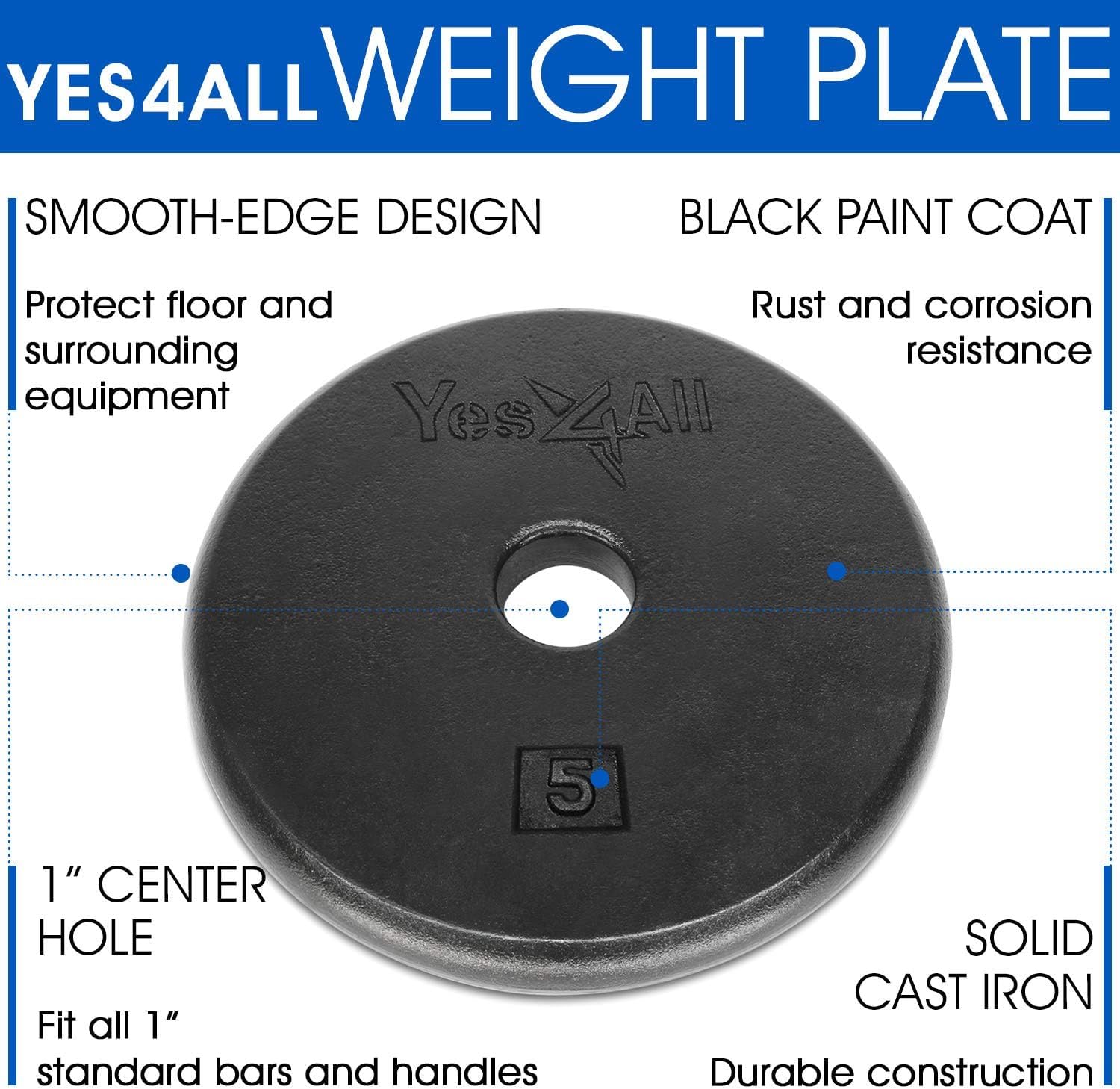 Yes4All 1-inch Cast Iron Weight Plates for Dumbbells – Standard Weight Disc Plates (5 lbs, Single)