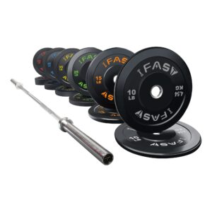 ifast home gym 370lb olympic weight set with 7ft olympic barbell bar, bumper plates set, 700 lb weight capacity bar with 2” shaft (370 lbs weight set and bar)