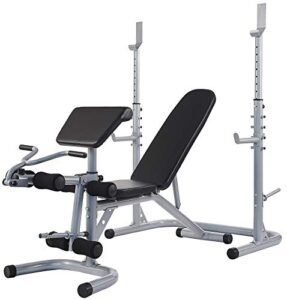 balancefrom rs 60 multifunctional workout station adjustable olympic workout bench with squat rack, leg extension, preacher curl, and weight storage, 800-pound capacity, gray