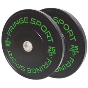 fringe sport bumper plates for weightlifting and strength training - rubber weight plates with dead bounce, home gym equipment and fitness rally - olympic plates ideal for powerlifting - pair and set (contrast-25lb-green-pair)