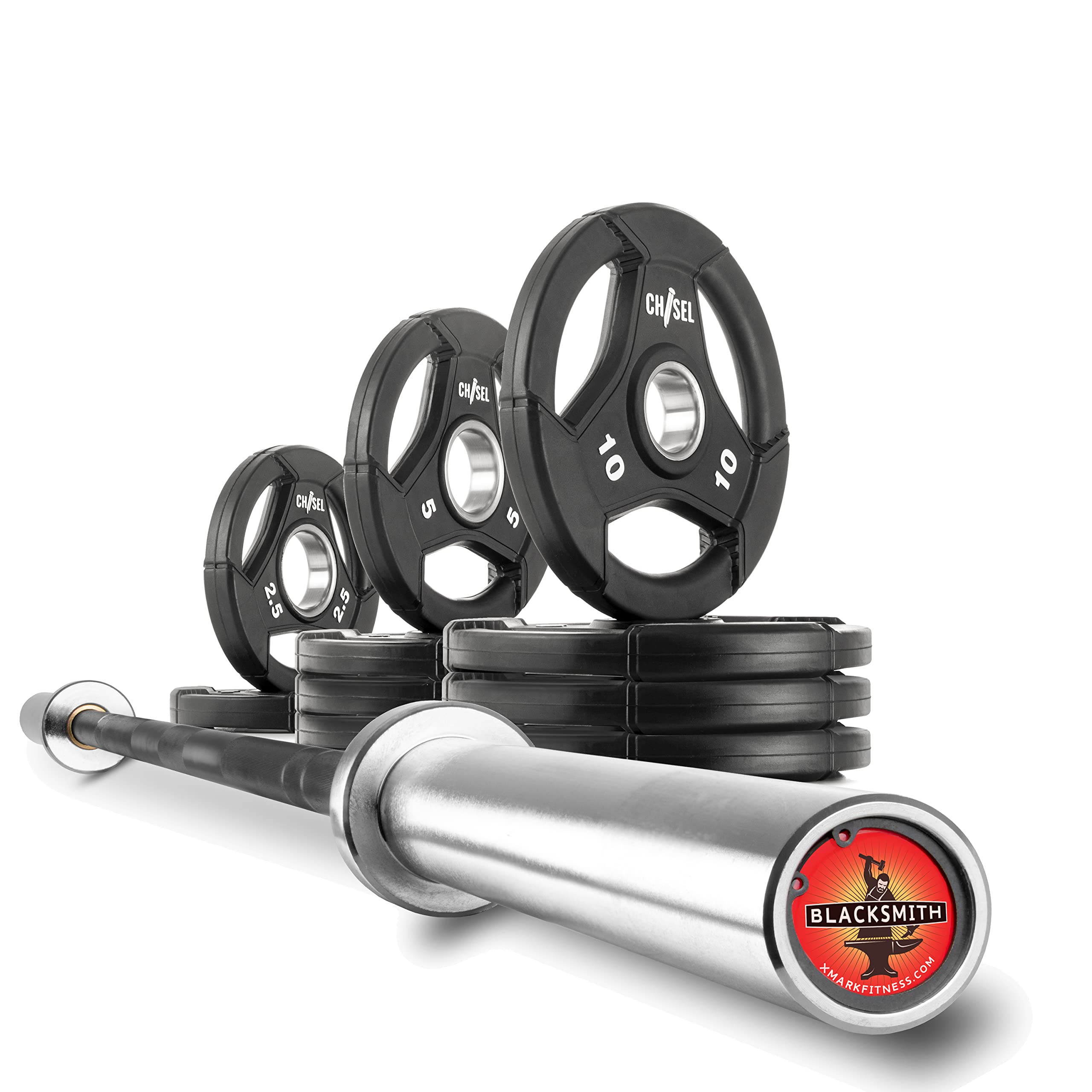 XMark CHISEL 65 lb Olympic Weights Set and BLACKSMITH Barbell, 7' Olympic Bar and Weight Plates