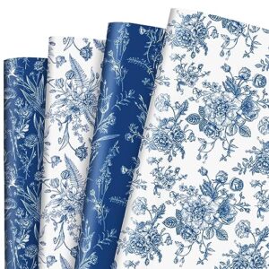 anydesign blue floral wrapping paper blue white wild flower gift wrap paper bluk folded flat wild floral art paper for wedding birthday baby shower diy craft gift wrapping, 19.7 x 27.6 inch, 8 sheet