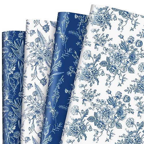 AnyDesign Blue Floral Wrapping Paper Blue White Wild Flower Gift Wrap Paper Bluk Folded Flat Wild Floral Art Paper for Wedding Birthday Baby Shower DIY Craft Gift Wrapping, 19.7 x 27.6 Inch, 8 Sheet