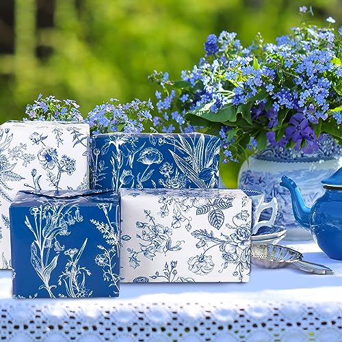 AnyDesign Blue Floral Wrapping Paper Blue White Wild Flower Gift Wrap Paper Bluk Folded Flat Wild Floral Art Paper for Wedding Birthday Baby Shower DIY Craft Gift Wrapping, 19.7 x 27.6 Inch, 8 Sheet