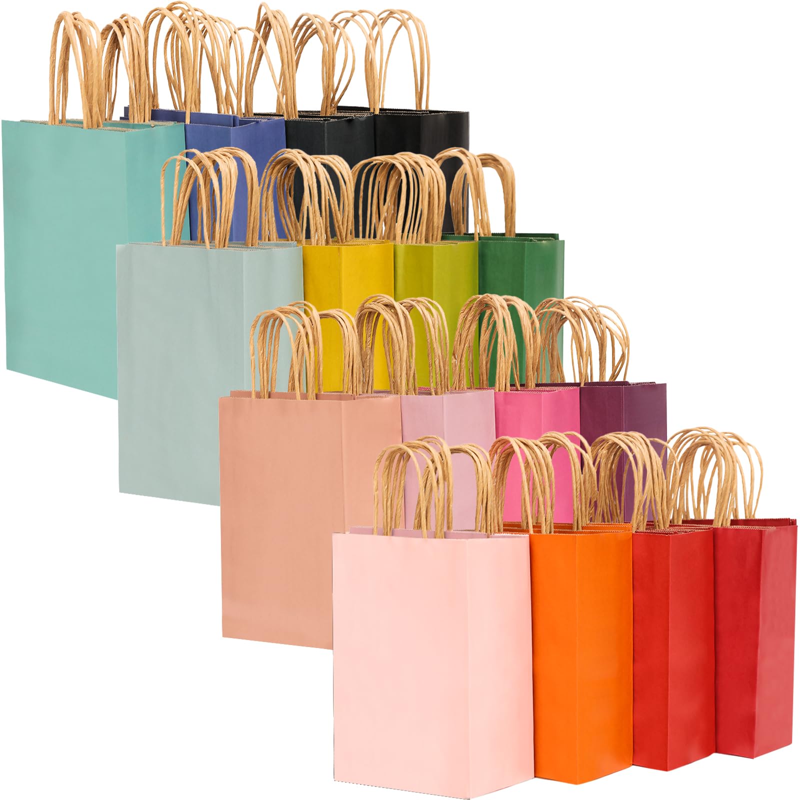 qiqee 32-Packs Paper Bags with Handles Bulk 7.6"x4.75"x10.5" Medium Gift Bags 16 Different Senior Color Bags Multiple Uses（Medium Size）