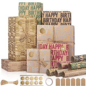 larcenciel kraft gift wrapping paper set -happy birthday pattern design great for birthday, party,diy decorations, baby shower wrap,father's day- 6 sheets-27.17 x 20.08 inches