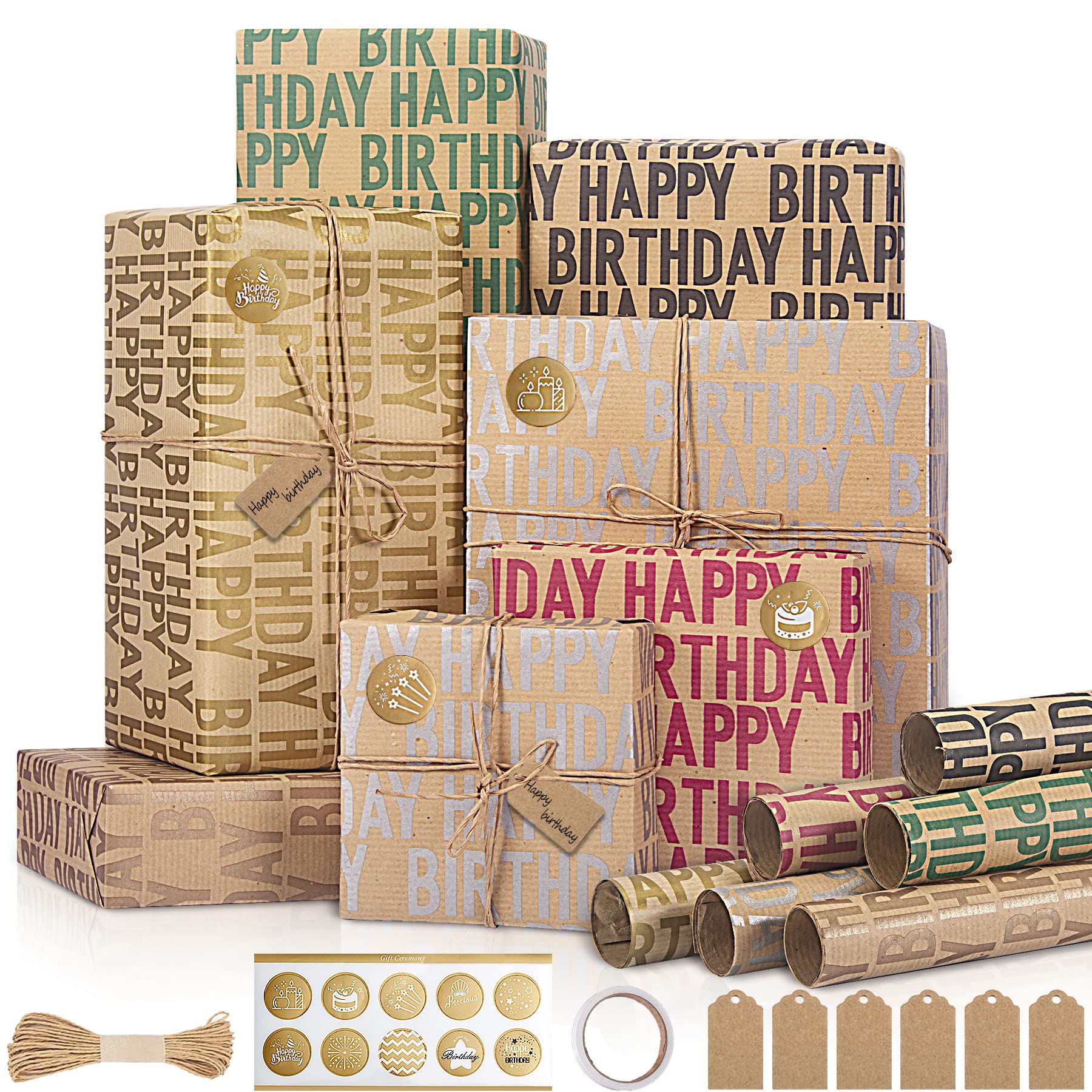 Larcenciel Kraft Gift Wrapping Paper Set -Happy Birthday Pattern Design Great for Birthday, Party,DIY Decorations, Baby Shower Wrap,Father's Day- 6 Sheets-27.17 X 20.08 inches