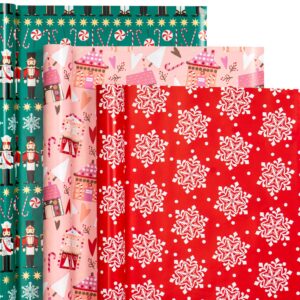 WRAPAHOLIC Christmas Wrapping Paper Roll - Mini Roll - 3 Rolls - 17 Inch X 120 Inch Per Roll - Nutcracker, House, Snowflake Holiday Collection