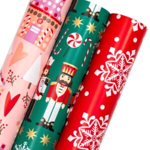 WRAPAHOLIC Christmas Wrapping Paper Roll - Mini Roll - 3 Rolls - 17 Inch X 120 Inch Per Roll - Nutcracker, House, Snowflake Holiday Collection