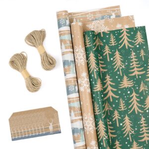 ruspepa christmas wrapping paper rolls with tags and jute string - 17 inches x 10 feet per roll, total of 3 rolls